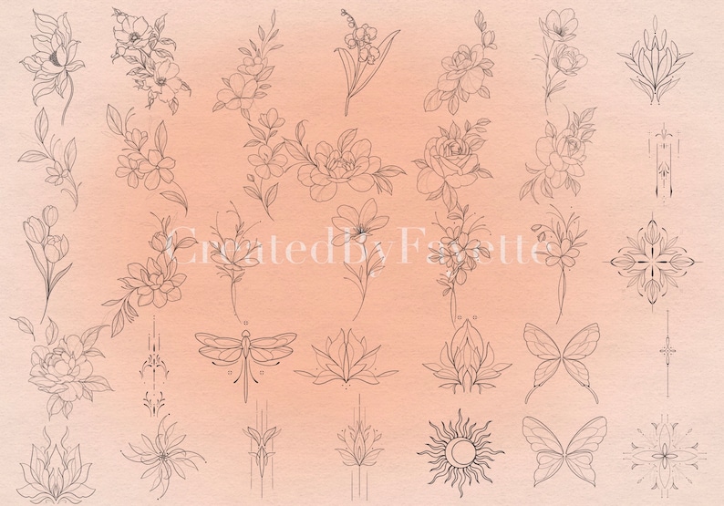 100 Feminine Fine Line Tattoo Procreate Stamp Set, Delicate Ornaments ...