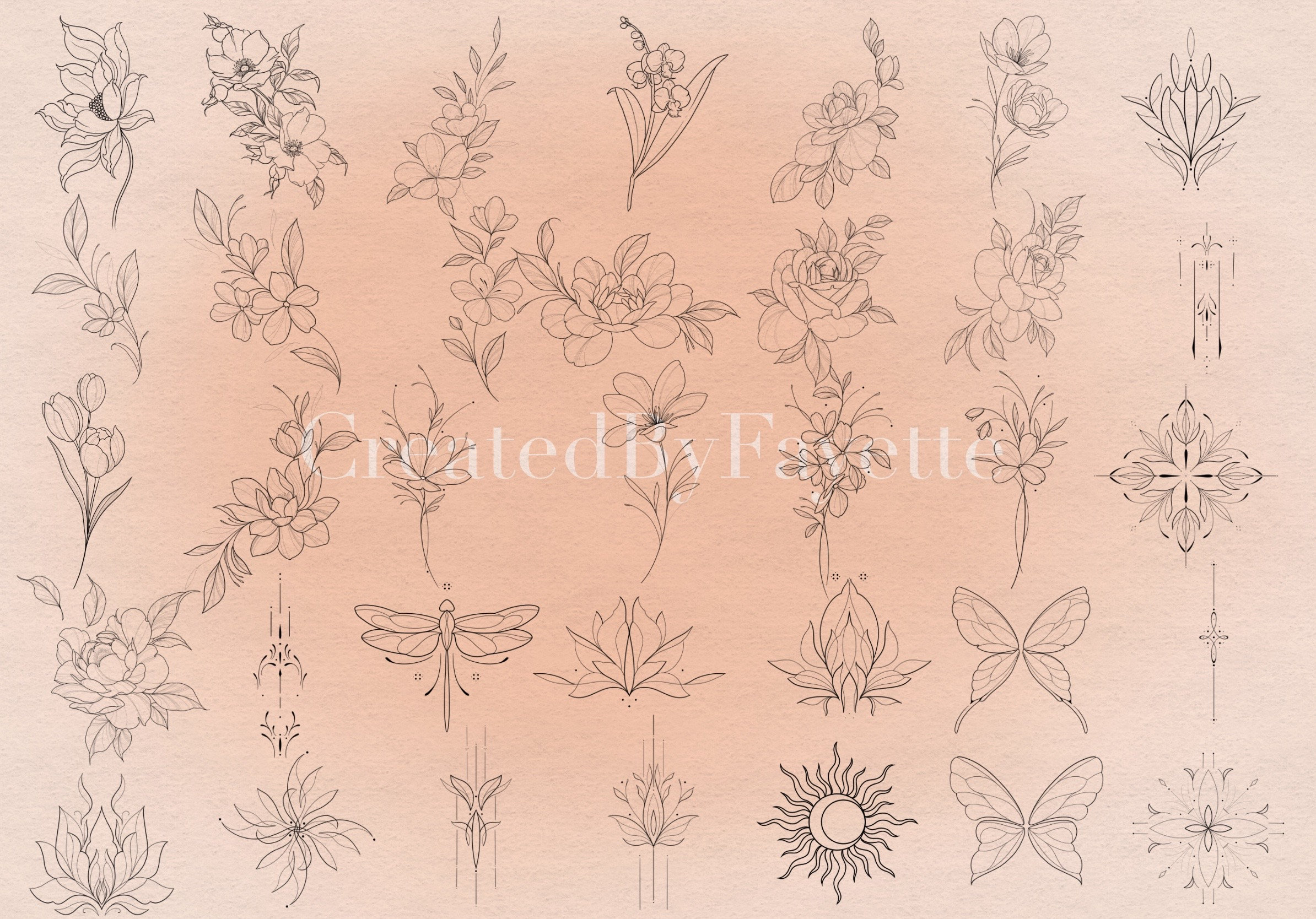 100 Feminine Fine Line Tattoo Procreate Stamp Set, Delicate Ornaments ...