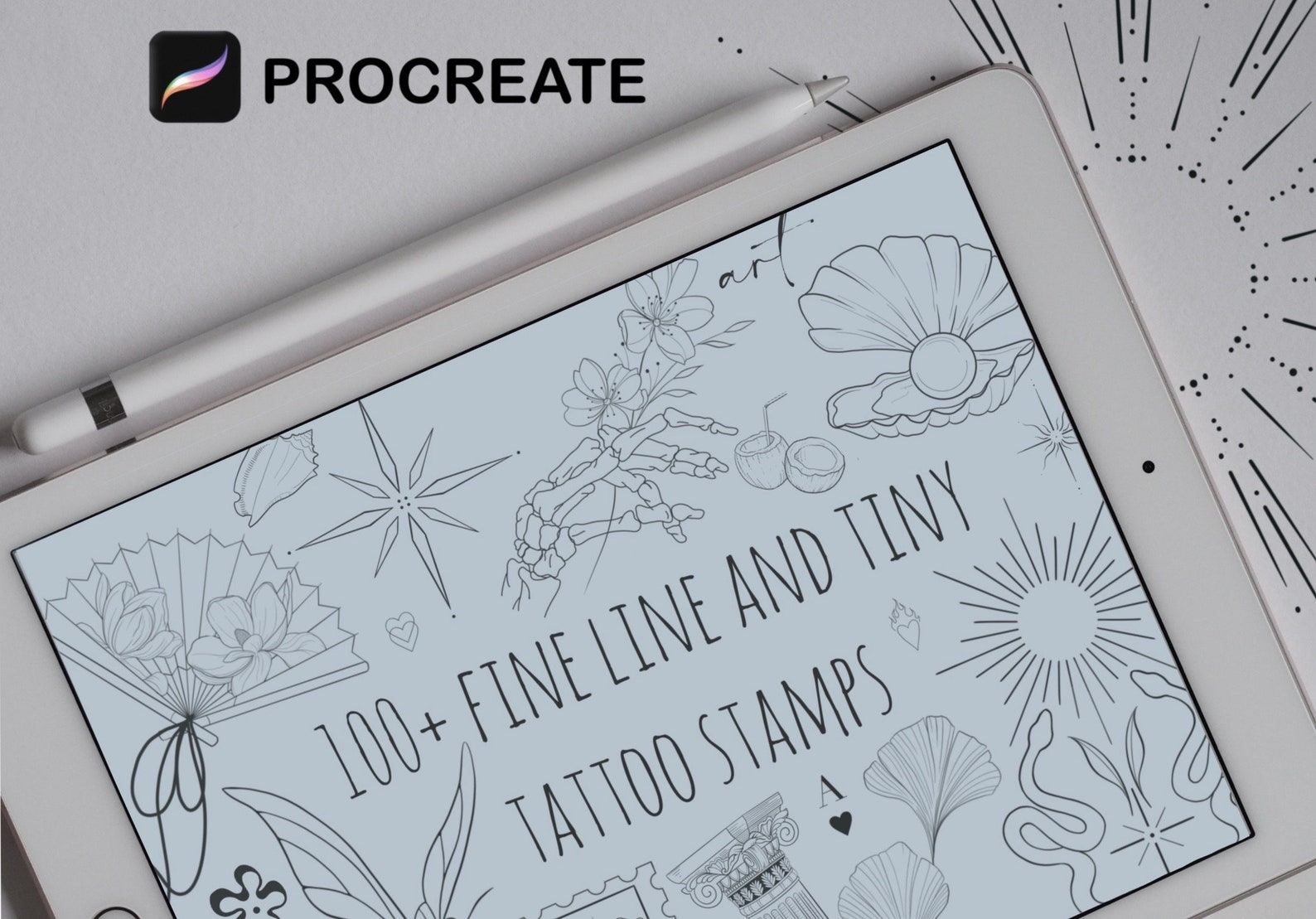 100+ Fine Line and Tiny Tattoo Procreate Stamps, Brush Set - Etsy