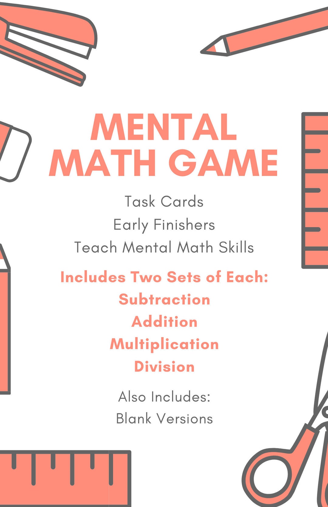 Mental Math Game Homeschool or Classroom Activity Early Finisher, Self ...