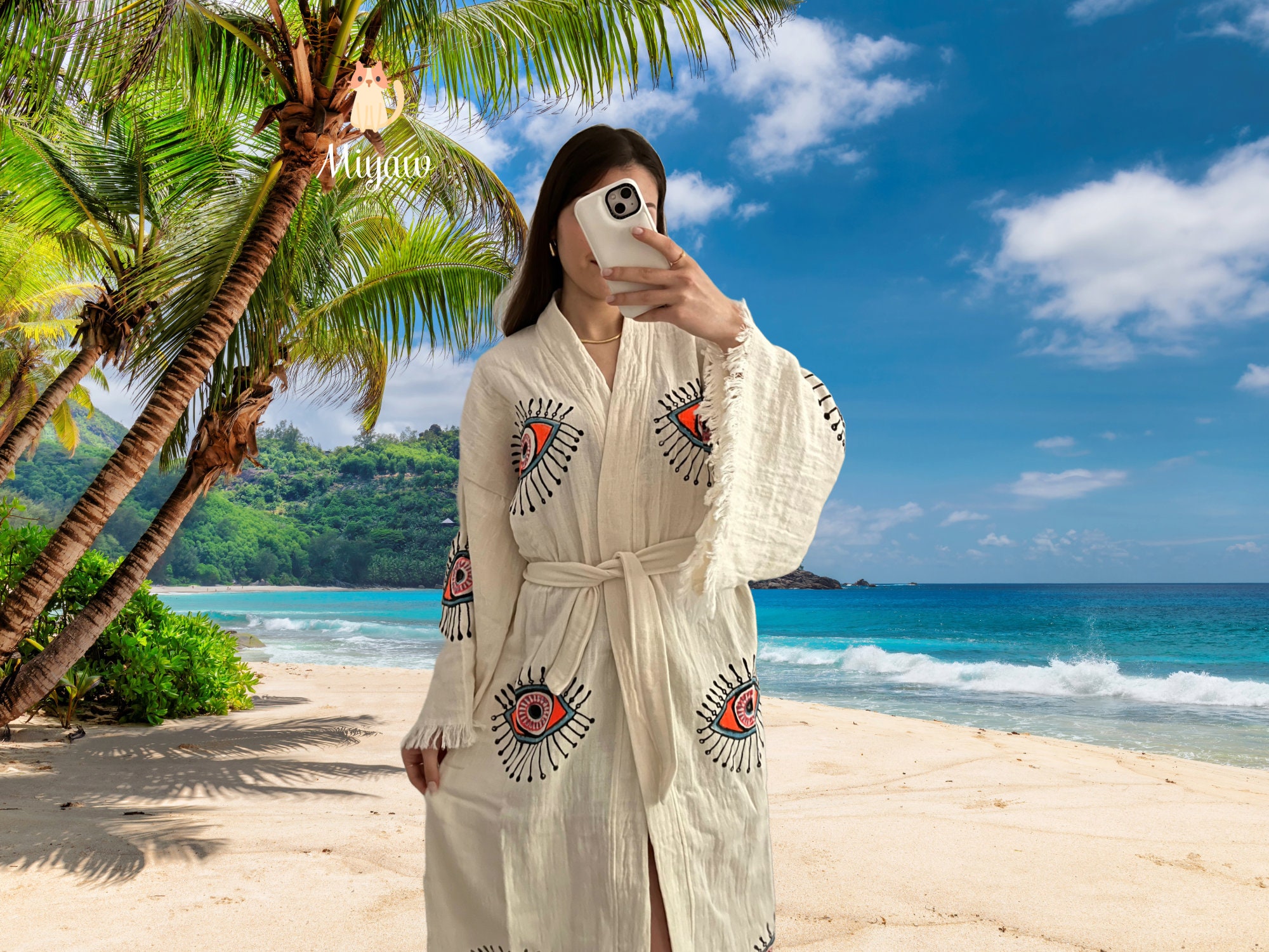 Boho Chic Organic Cotton Beach Cover up Handmade Kimono Robe With Eye ...