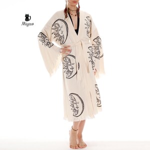 Celestial Handcrafted Beach Cover Up, Boho Moon and Sun Print Kimono ...