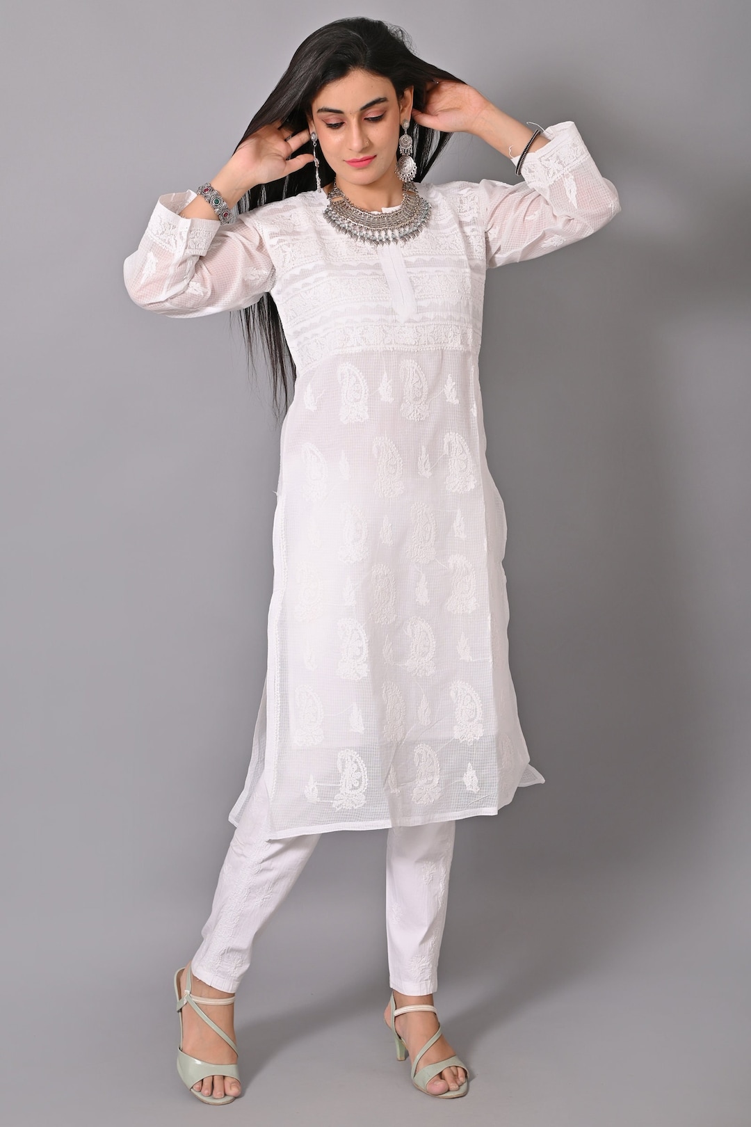 White Chikankari Kurti, White Kotadoria Chikankari Kurti ,white Cotton ...