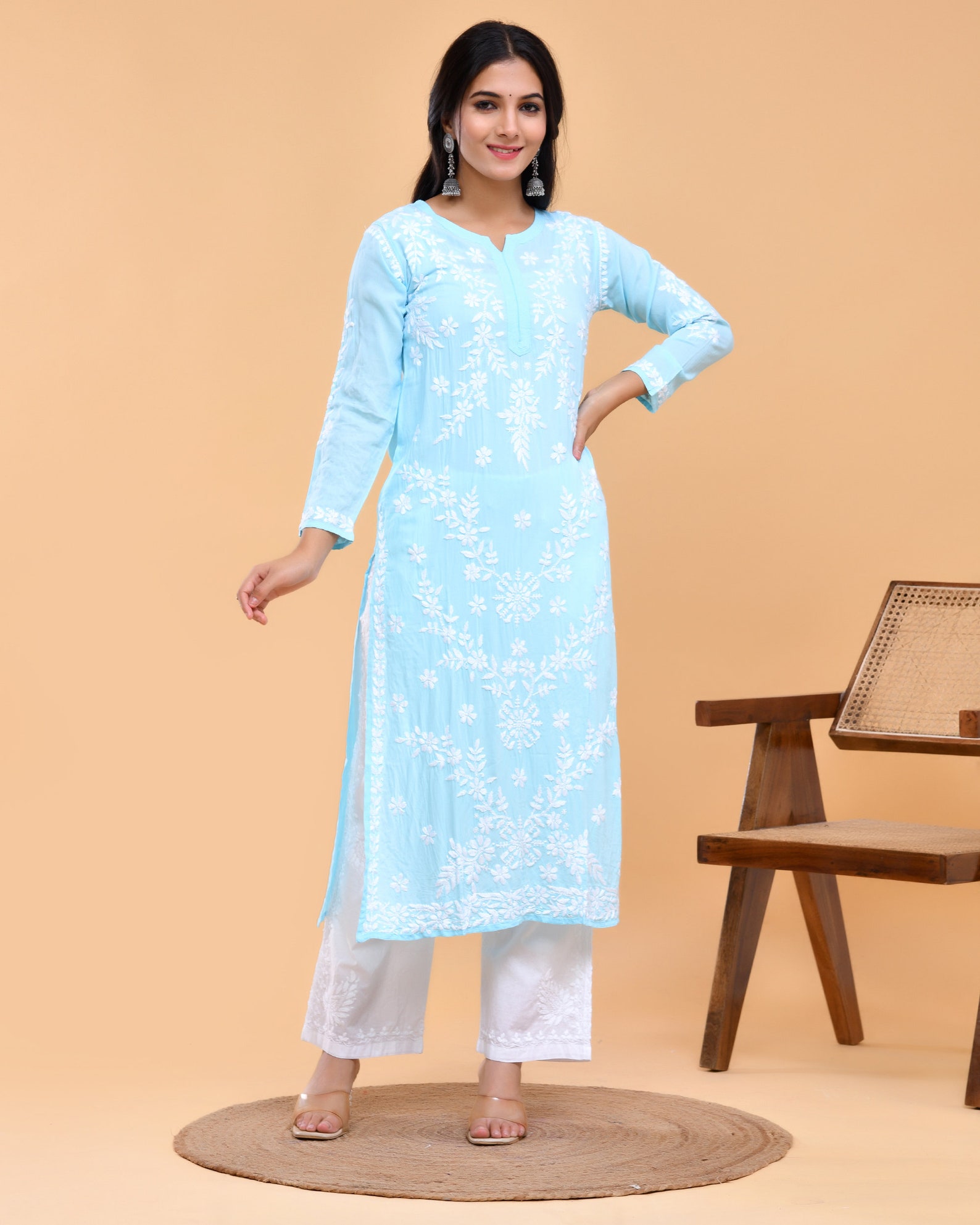 Women Wear Light Blue Modal Straight Hand Embroidered Chikankari Kurti ...