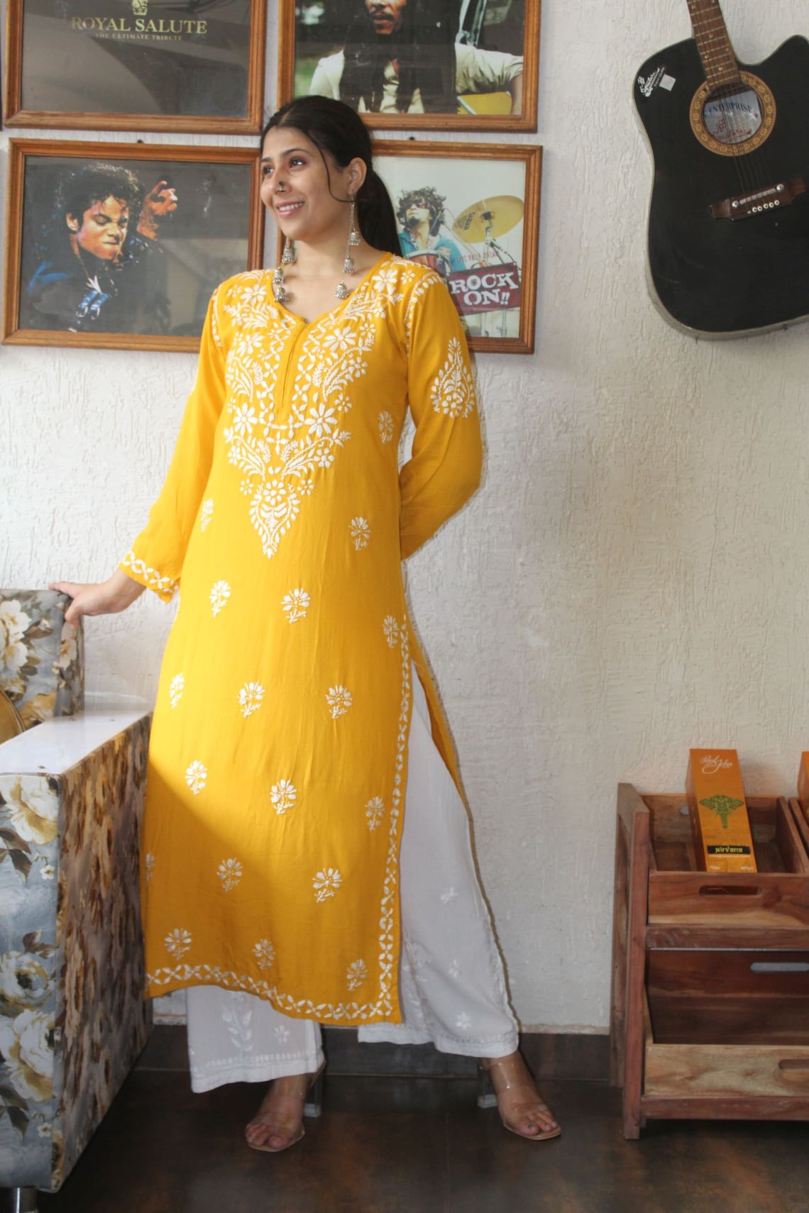 Hand Embroidered Chikankari Kurta Mustard Yellow, Handcrafted Women ...