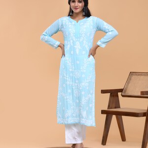 Women Wear Light Blue Modal Straight Hand Embroidered Chikankari Kurti ...