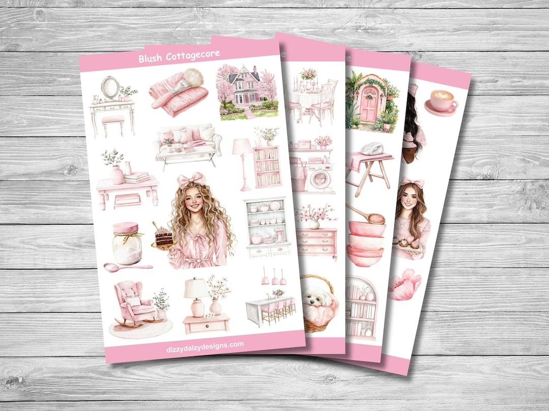 48 Blush Cottagecore Stickers, Pastel Pink Cupcakes, Bows, Baking and ...