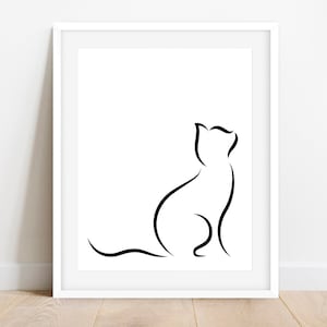 Cat Print, Cat Printable, Black Cat Line Art Print, Black White Print ...