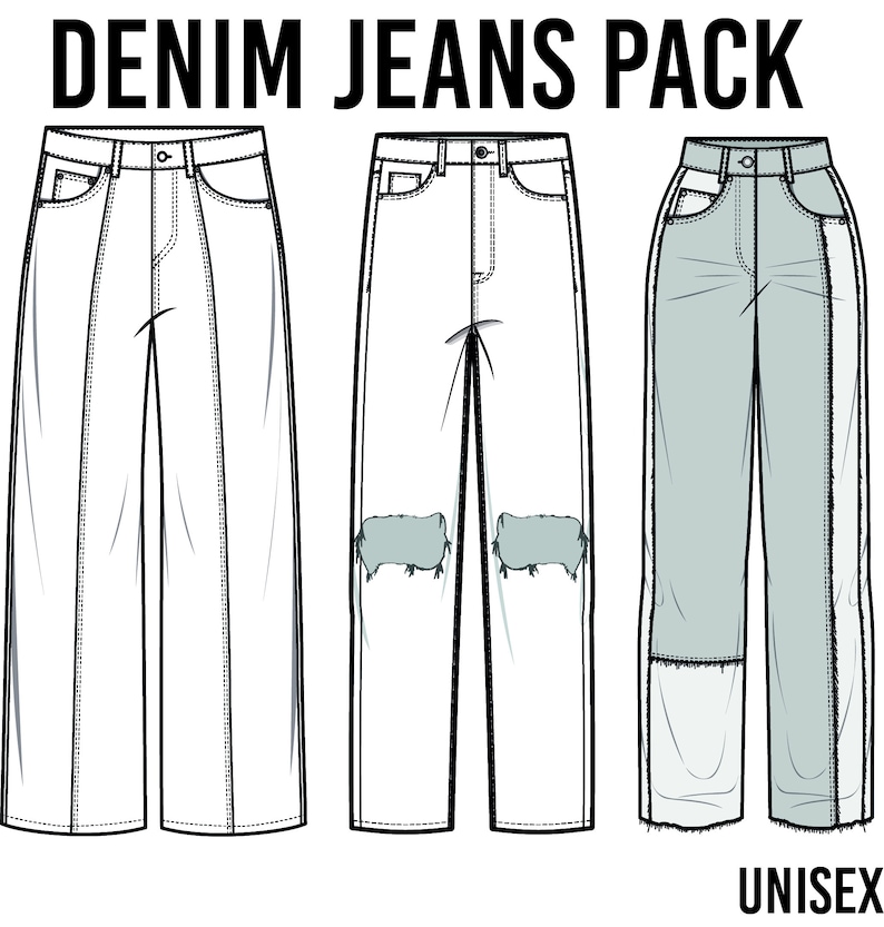 DENIM JEANS PACK 1 _CAD Technical Drawing Designs_adobe Illustrator - Etsy