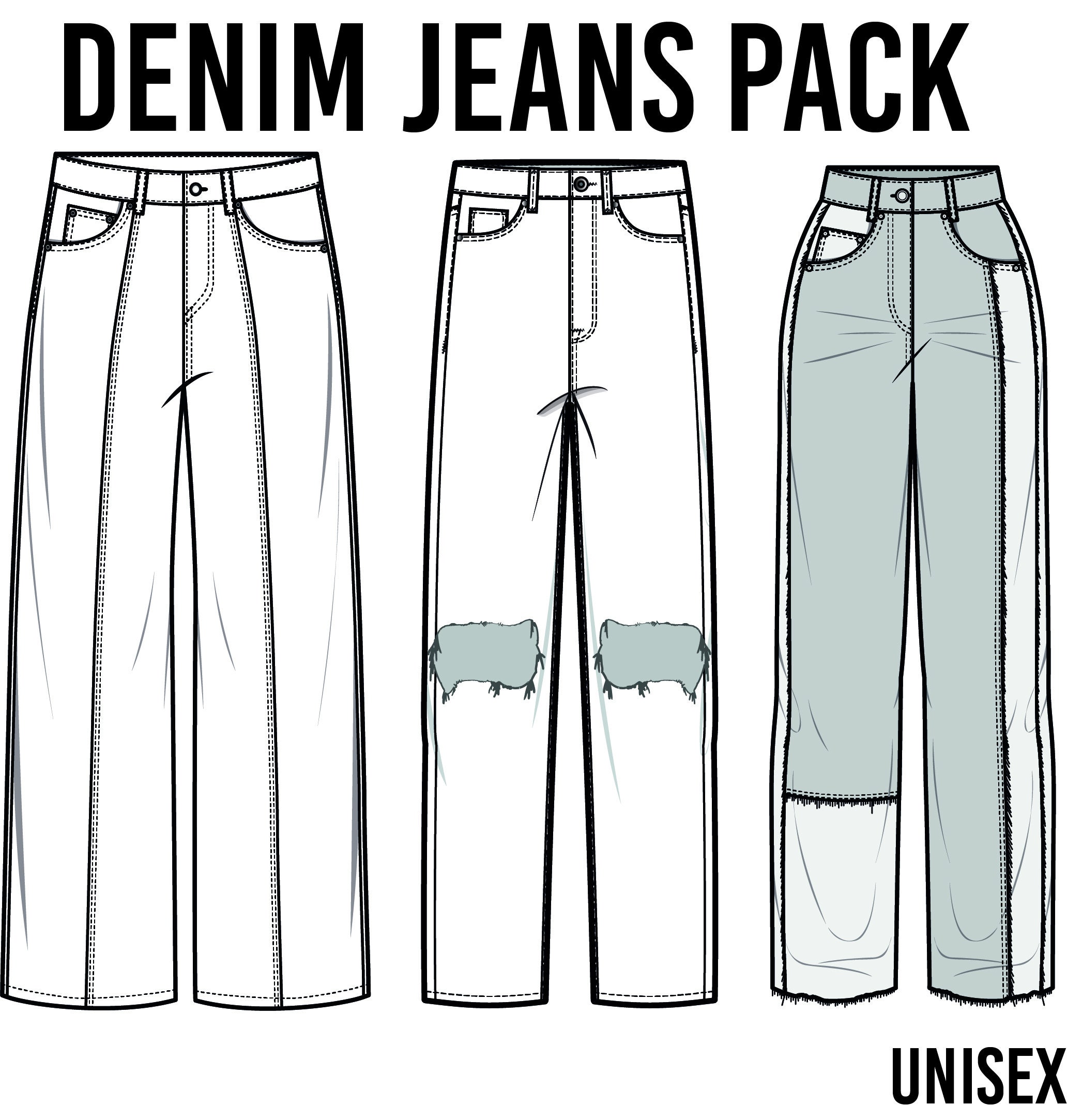 DENIM JEANS PACK 1 _CAD Technical Drawing Designs_adobe Illustrator - Etsy