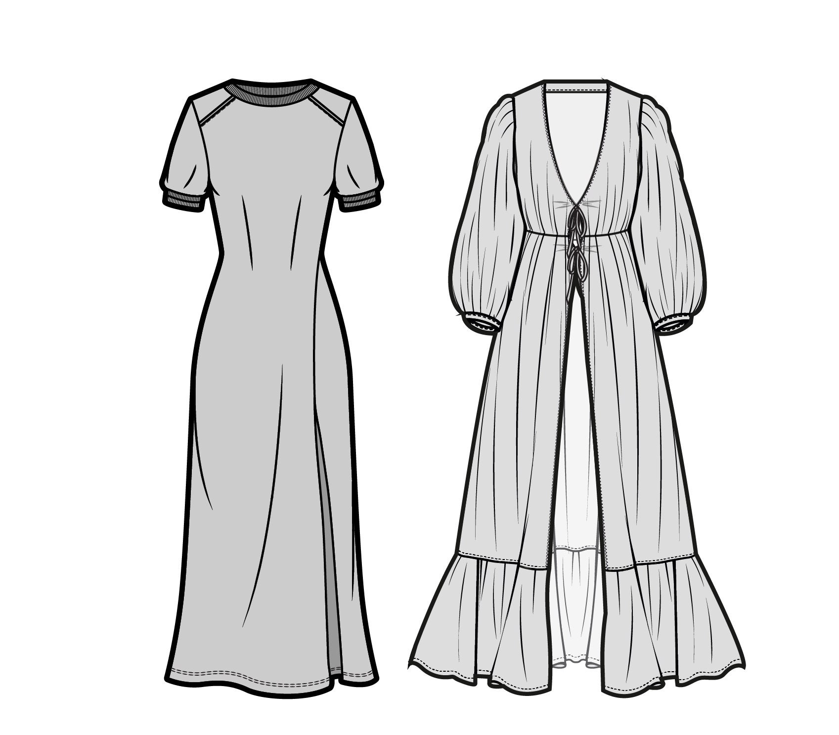 MAXI DRESSES - SET 1 _CAD Technical Drawing Designs_adobe Illustrator ...