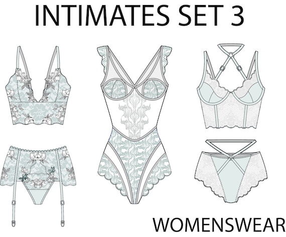 Womens Intimates Lingerie Set 3 CAD Technical Drawing adobe Illustrator Etsy UK