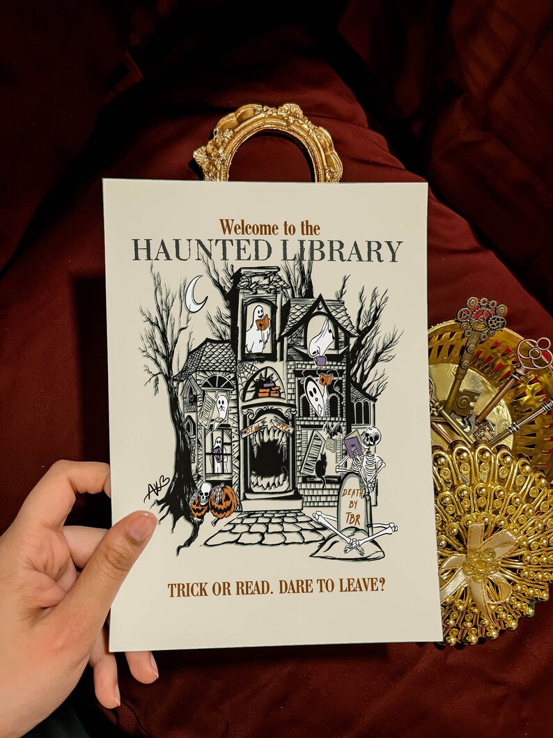 Haunted Library Art Print Halloween Book Print Bookish Halloween ...