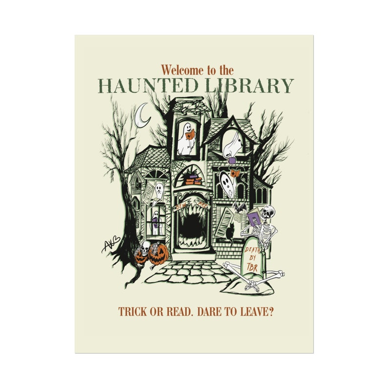 Haunted Library Art Print Halloween Book Print Bookish Halloween ...