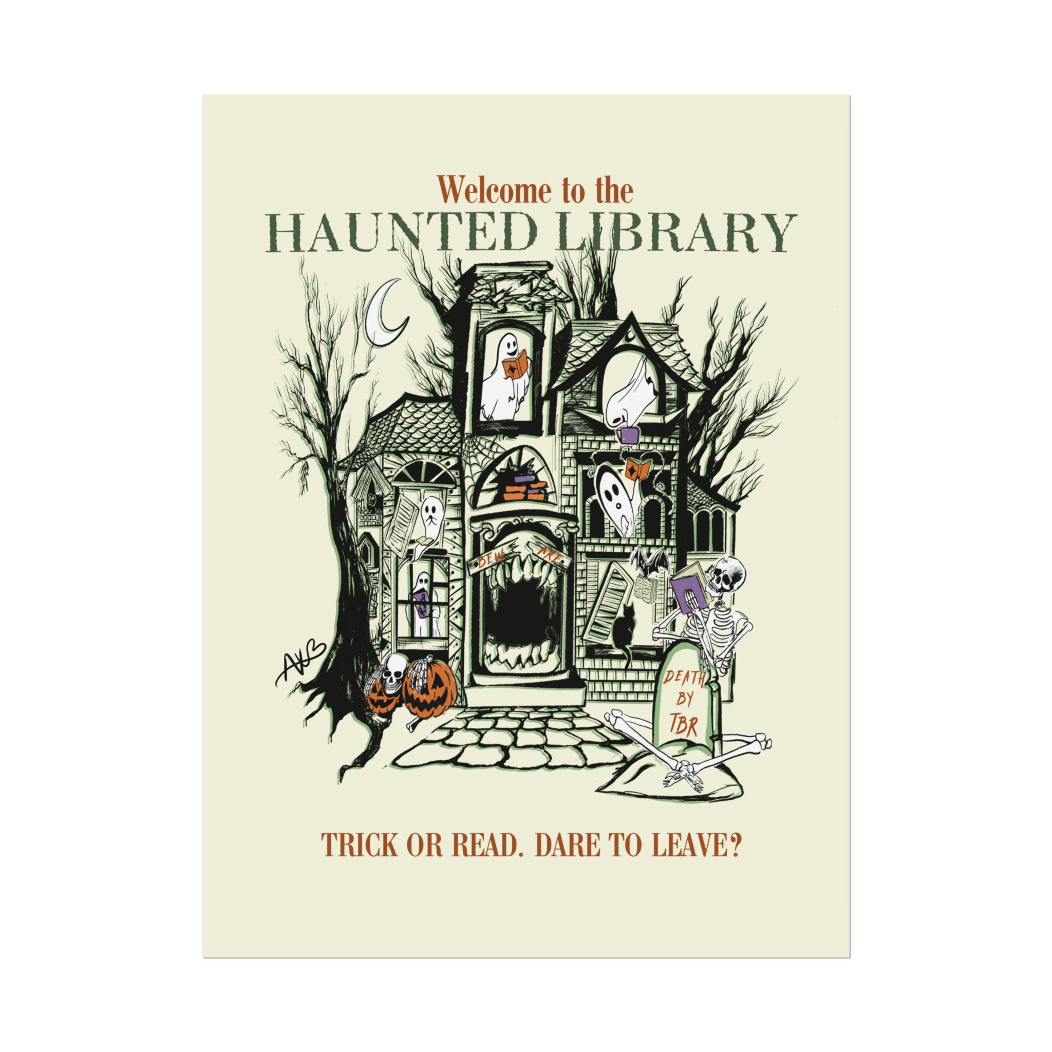 Haunted Library Art Print Halloween Book Print Bookish - Etsy