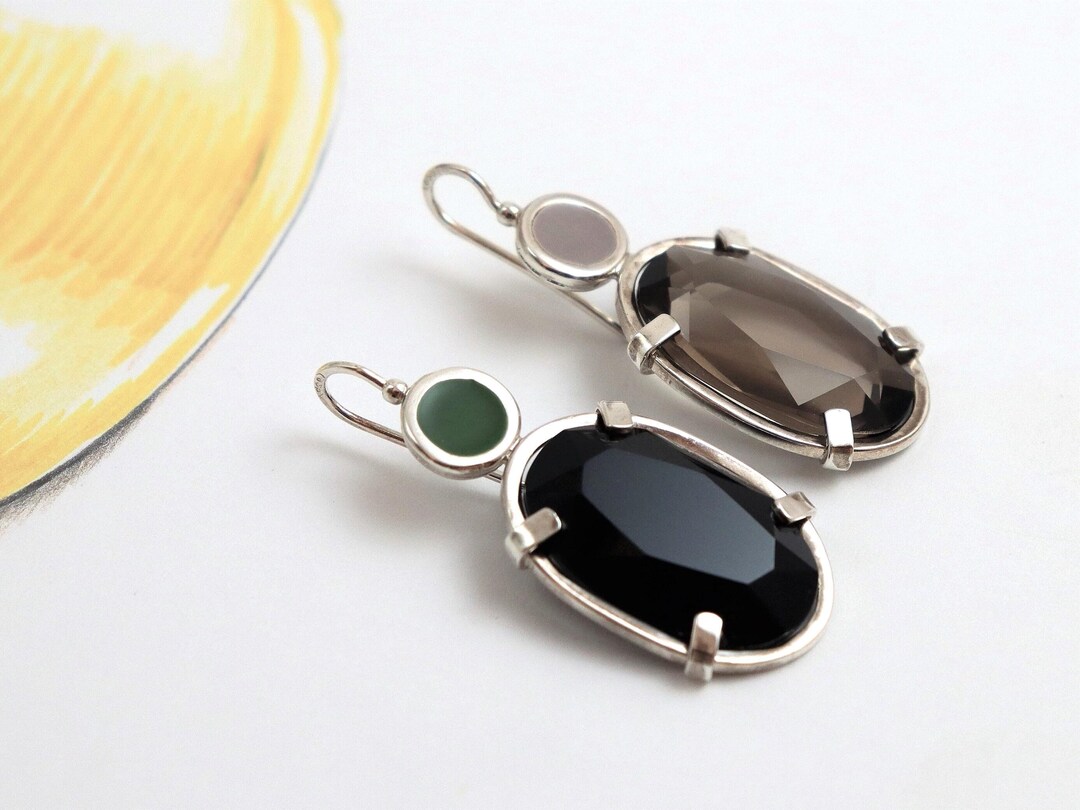 Earrings ALLEGRA, Sterling Silver, Onyx, Smoky Quartz and Enamels ...