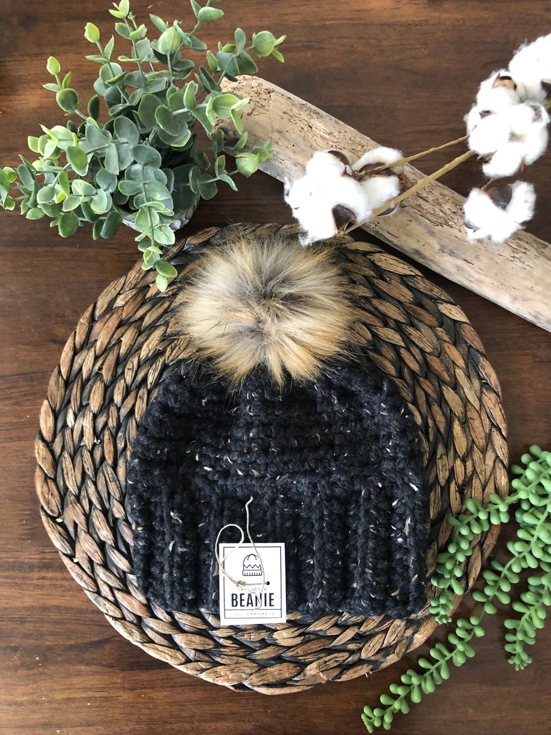 Black Winter Hat, Beanie With Fur Pom, Handmade Beanie, Black Beanie ...
