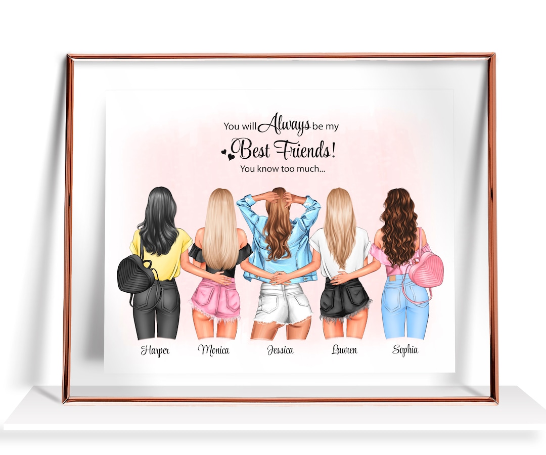 Five Friend Print Best Friends Illustration Besties Wall Art BFF Portrait 5 Best Friends Gift ...