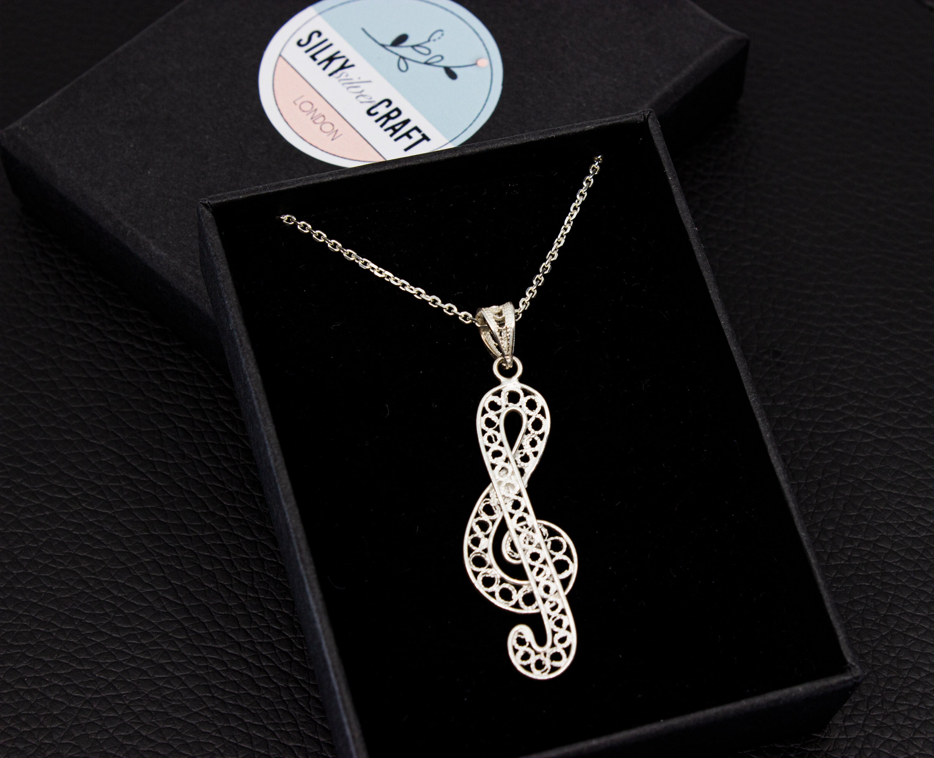 Silver Treble Clef Necklace, G Clef Pendant, Filigree Music Note Charm ...