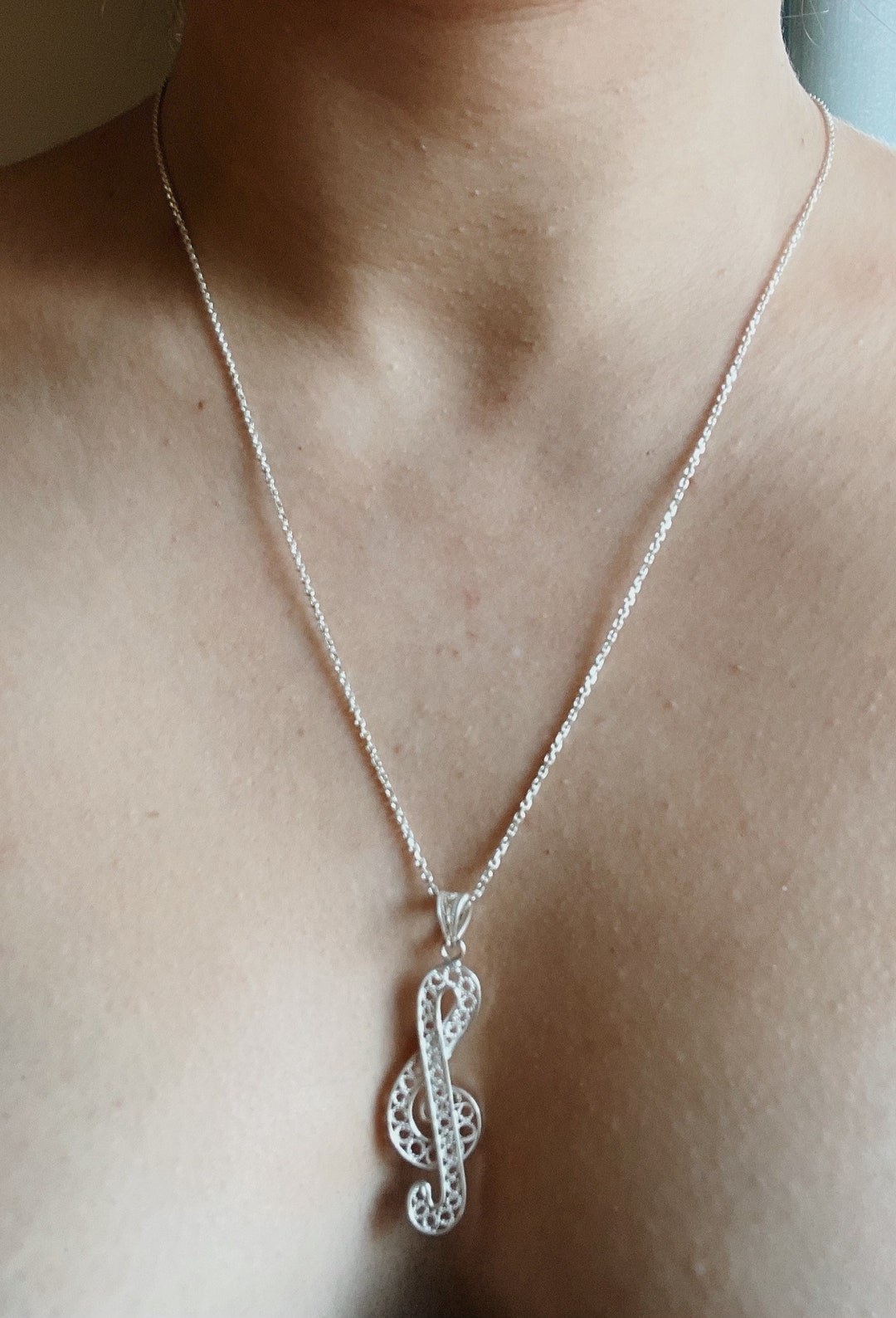 Silver Treble Clef Necklace, G- Clef Pendant, Filigree Music Note Charm ...