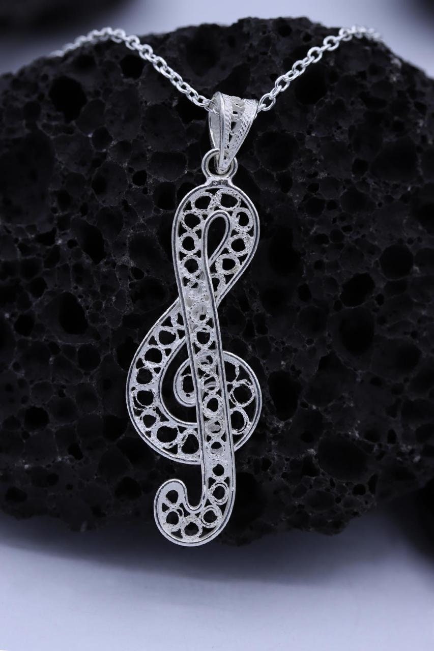Silver Treble Clef Necklace, G Clef Pendant, Filigree Music Note Charm ...