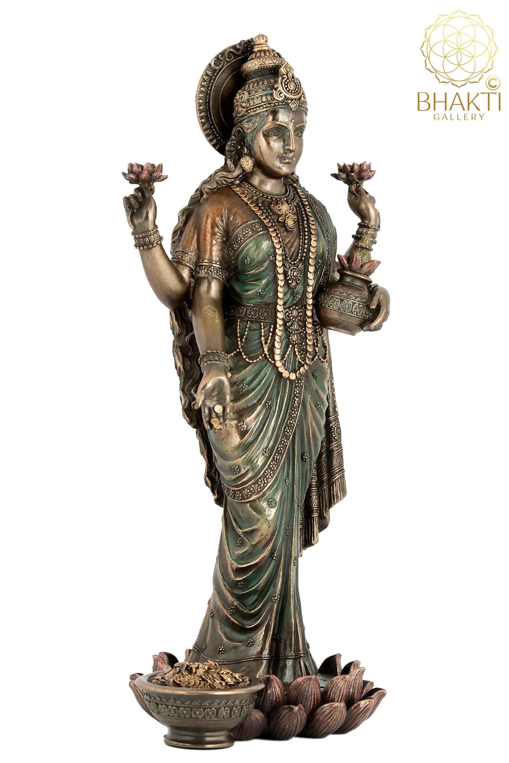 Standing Lakshmi Statue, 10" Inch Big Dhana Laxmi Idol on Lotus, Hindu ...