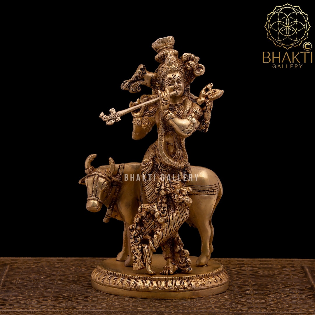 Krishna With Cow Statue in Brass, 10 Inch Big Brass Cow Krisna Idol ...
