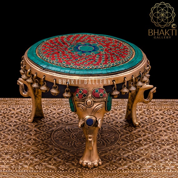 Wooden Brass Indian Chowki, 14 Inch Hexagon Chowki, Pooja Chowki for ...