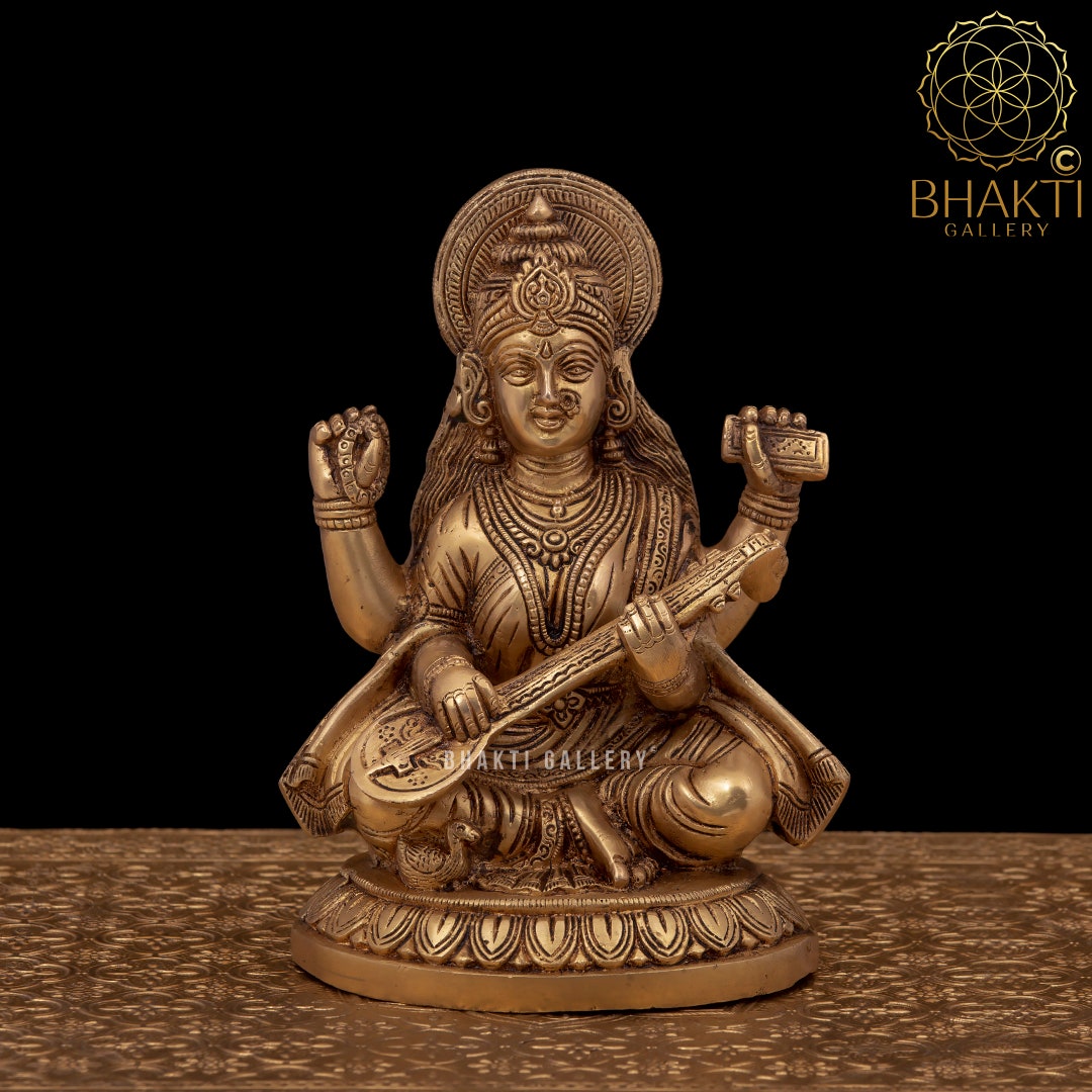 Saraswati Statue in Brass, 8" Inch Big Brass Sarasvati Idol, Hindu ...