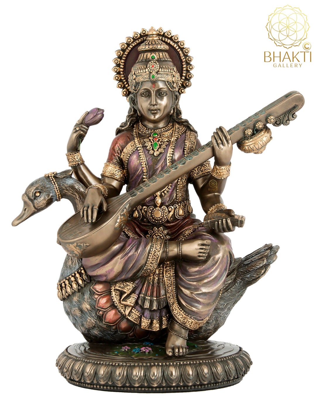 Saraswati Statue, 8 Inch Big Sarasvati Idol on Swan, Saraswathi Murty ...