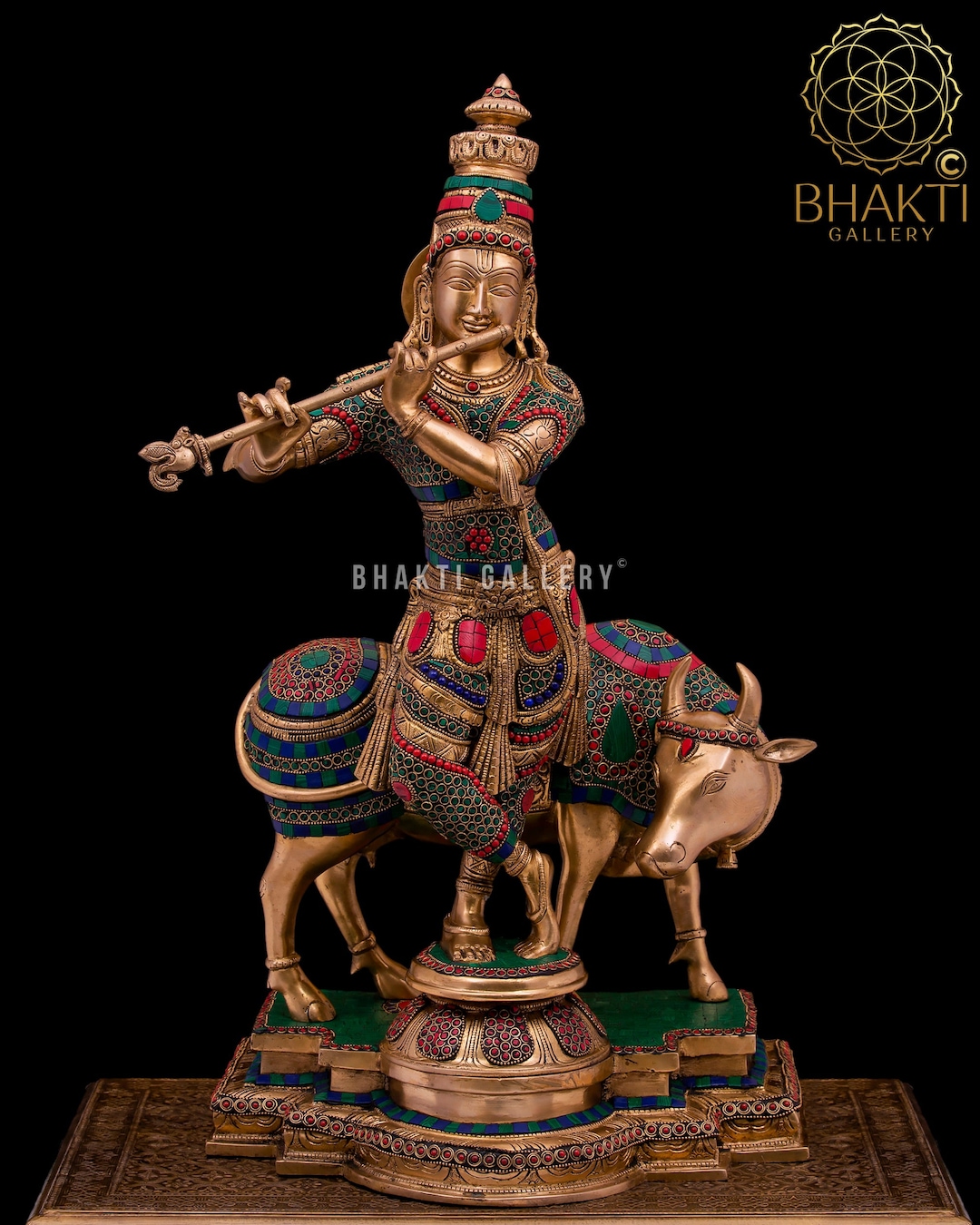 Large Size Krishna Statue With Cow in Brass, 26.5 Inch Big Brass Cow ...