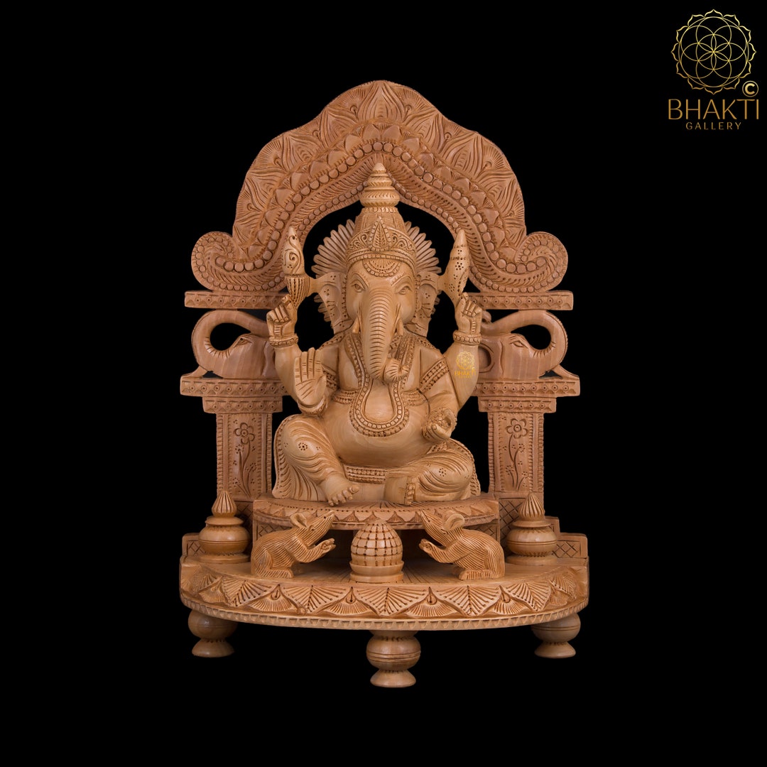 Ganesha Statue in Wood, 12 Inch Hand Carved Wooden Ganesh Murti, Arch ...