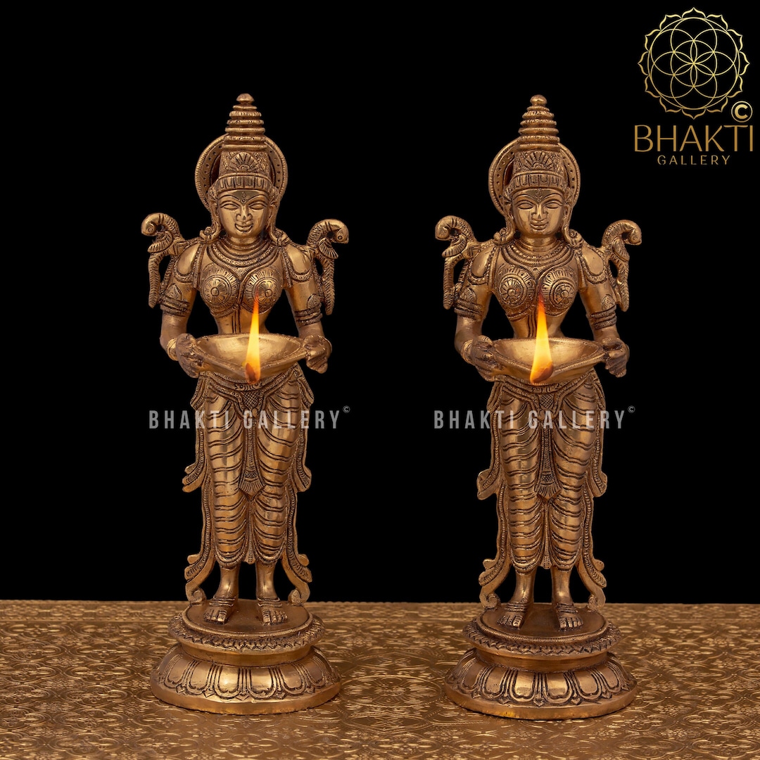Oil Lamp Deep Lakshmi Statue in Brass, 12inch Big Brass Deep Laxmi Idol ...