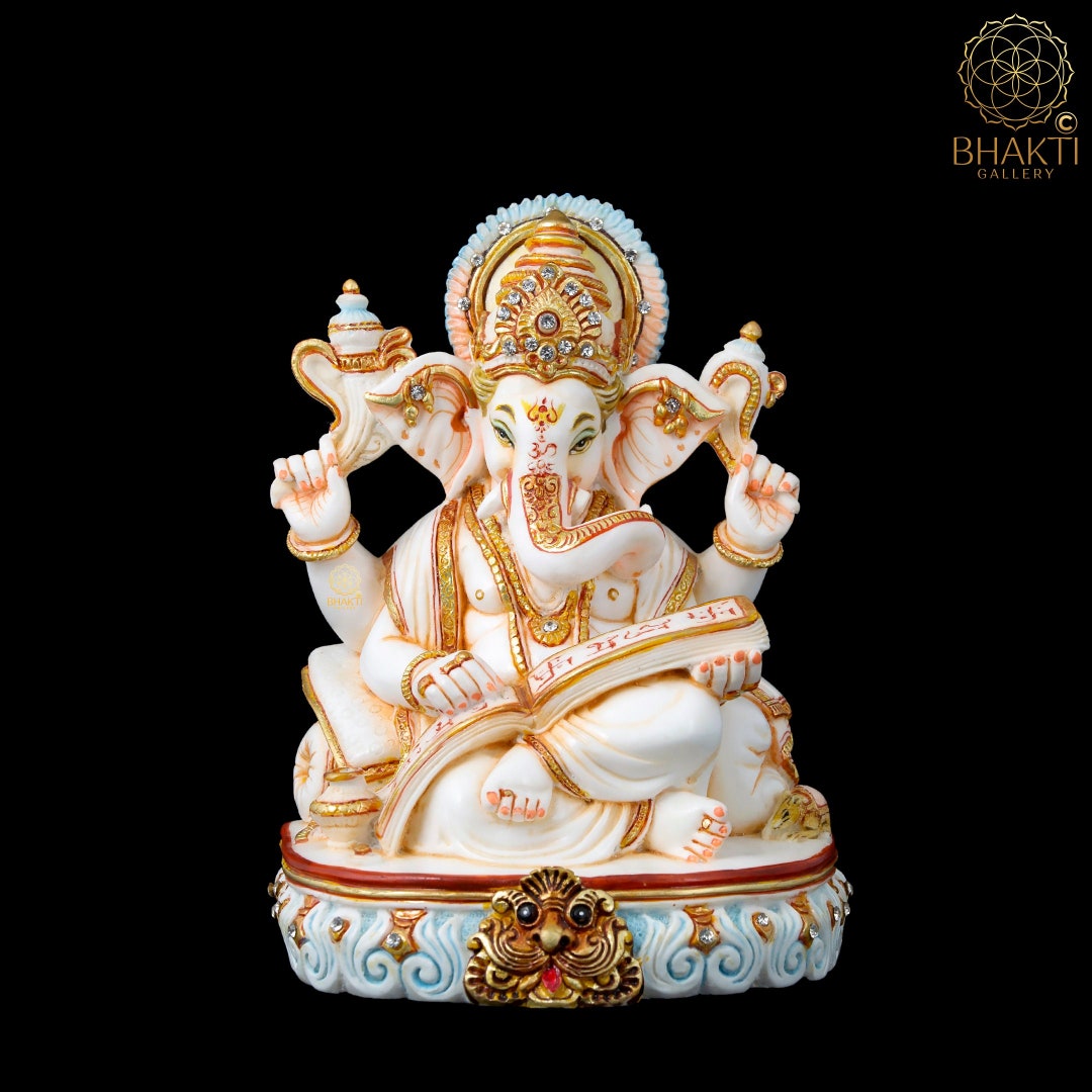 Writing Ganesha Statue, 8 Inch Big Cultured Marble Ganesh Figure, Hand ...