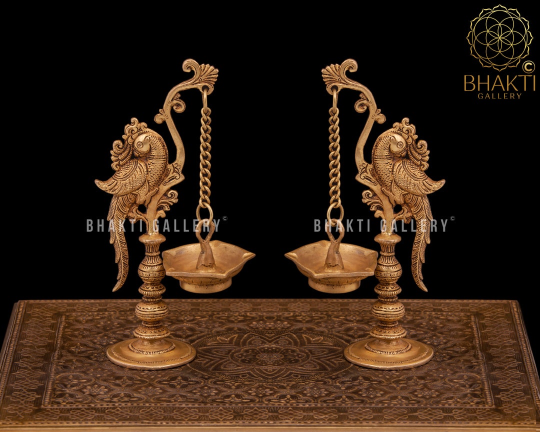 Oil Diya Lamp Stand in Brass, 8.5 Inch Big Brass Parrot Design Oil Lamp ...