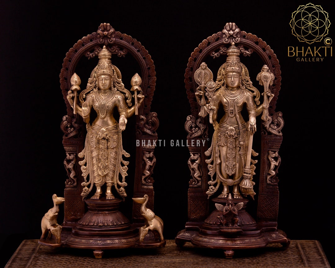 Vishnu Lakshmi Statue in Brass, 16 Inch Big Bronze Finish Lakshmi ...