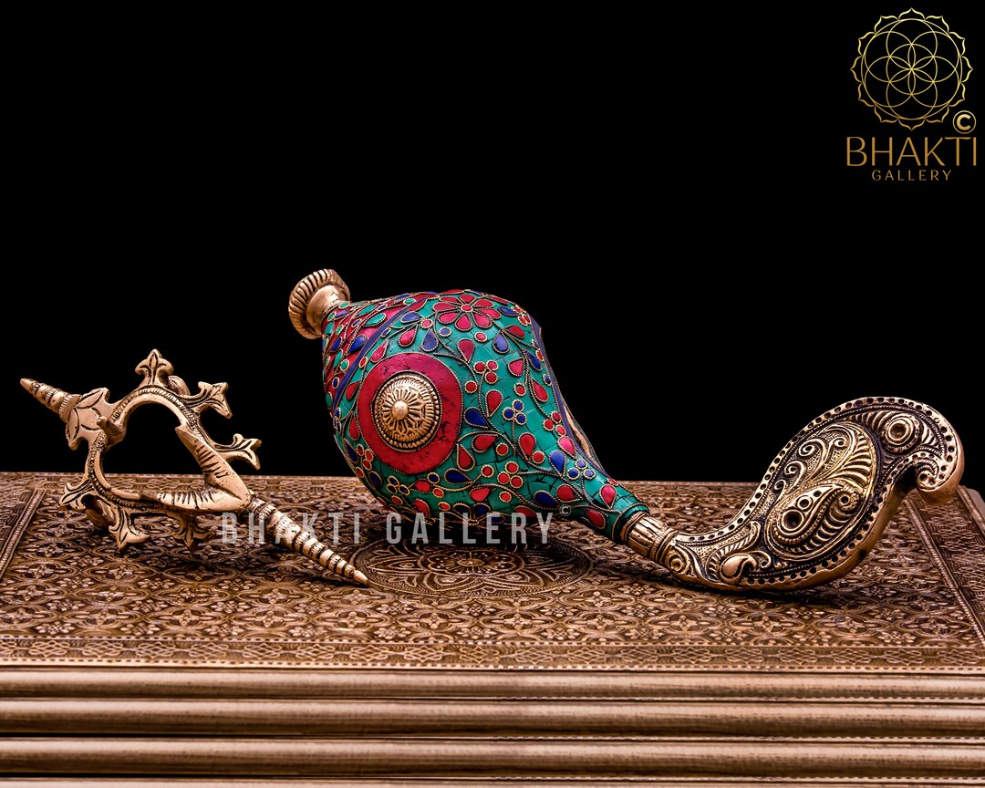 Brass Shankh With Stand, 12" Inch Big Beautiful Conch Shell With ...