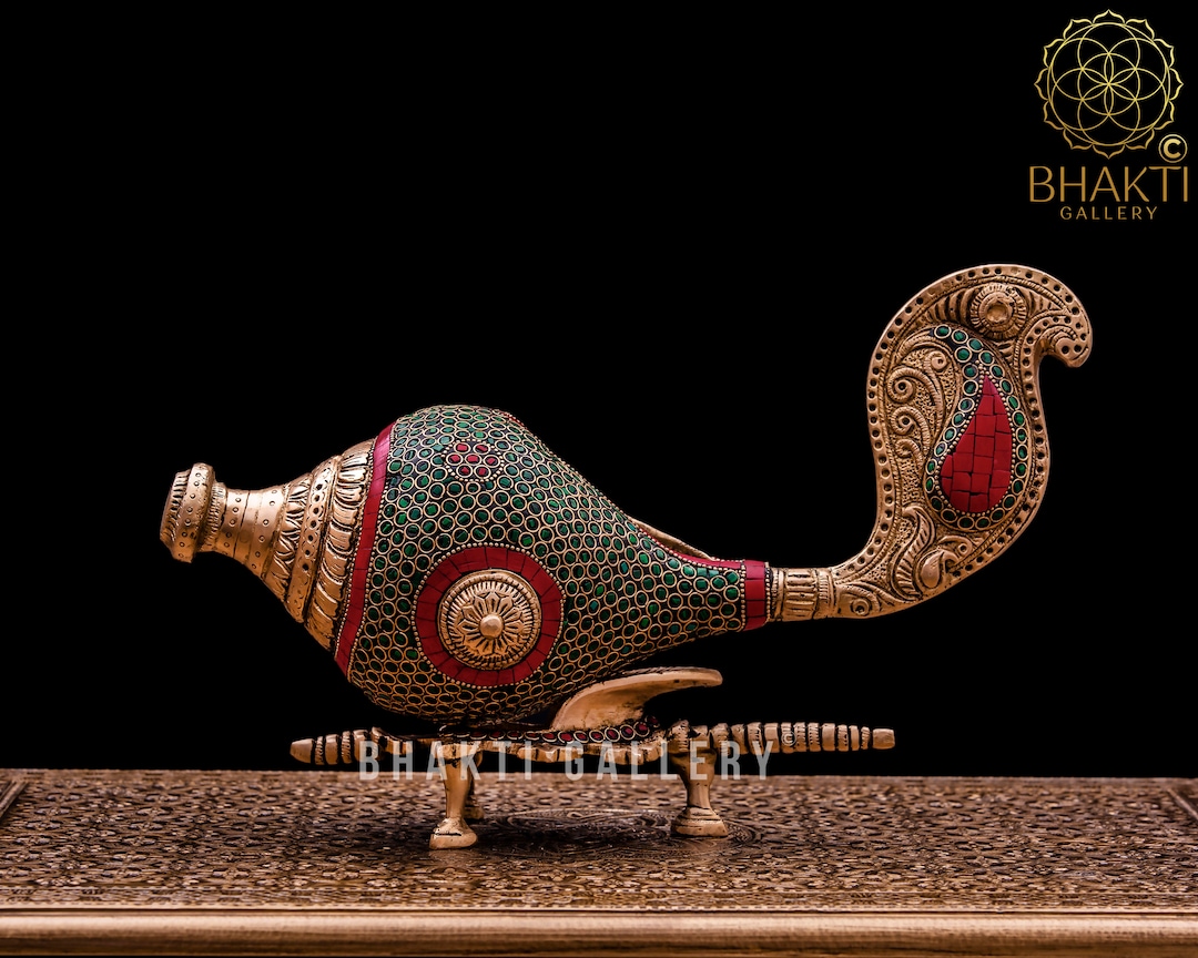 Shankh in Brass With Stand, Brass Conch Shell With Stonework, Big Sea ...