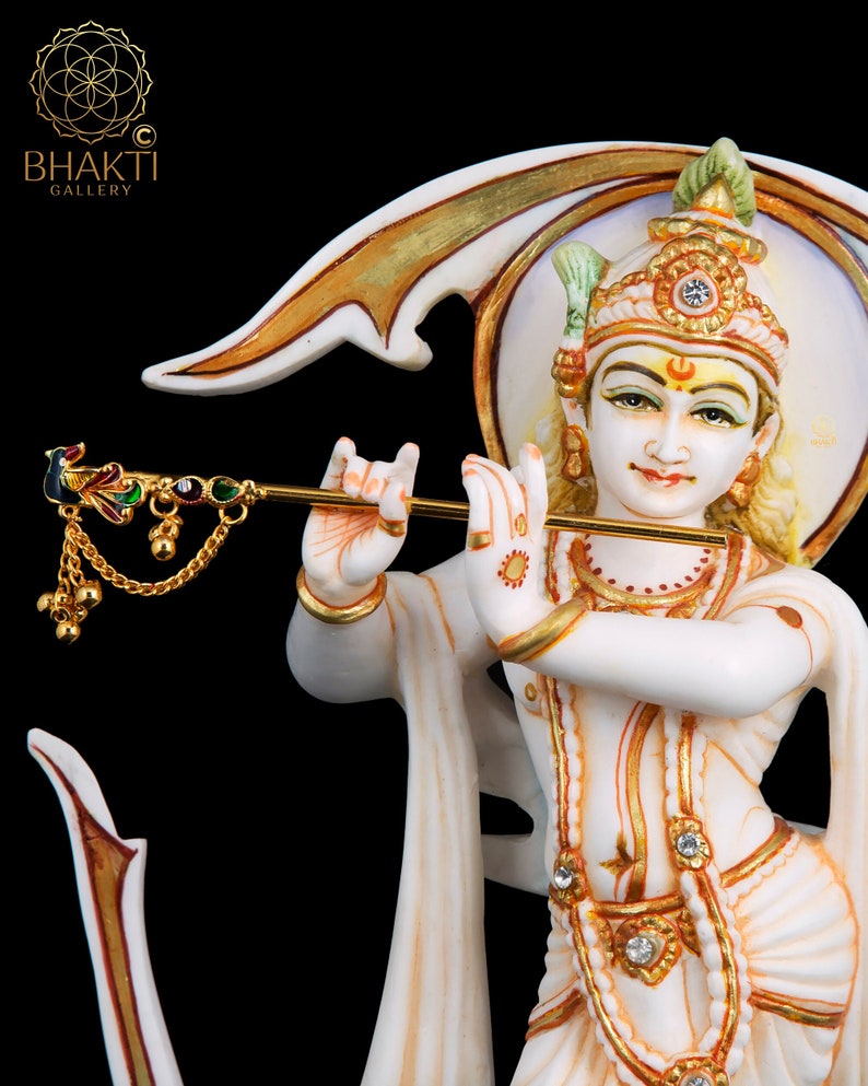 Cultured Marble Krishna Statue, 9"inch Big Hand Painted Krisna Idol ...