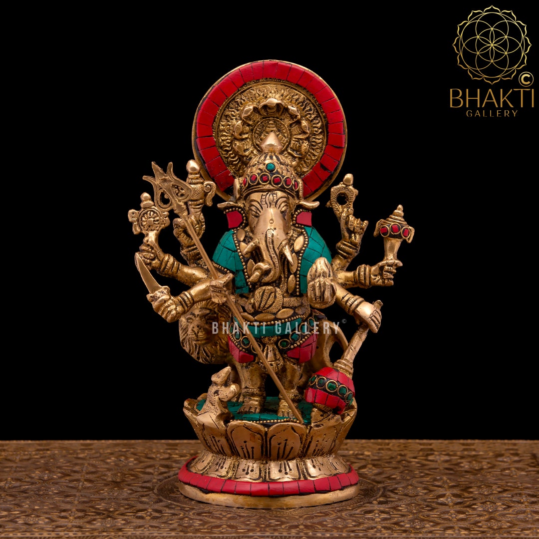 Ashtabhuja Dhari Ganesha Statue in Brass, 9 Inch Big Brass Shubh ...