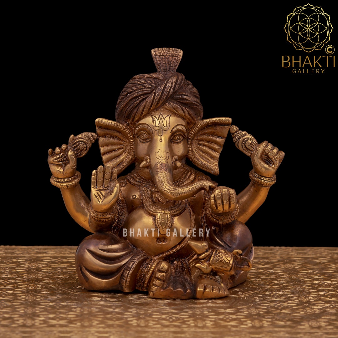 Turban Ganesha Statue in Brass, 6" Inch Big Brass Ganesh Murti, Bronze ...