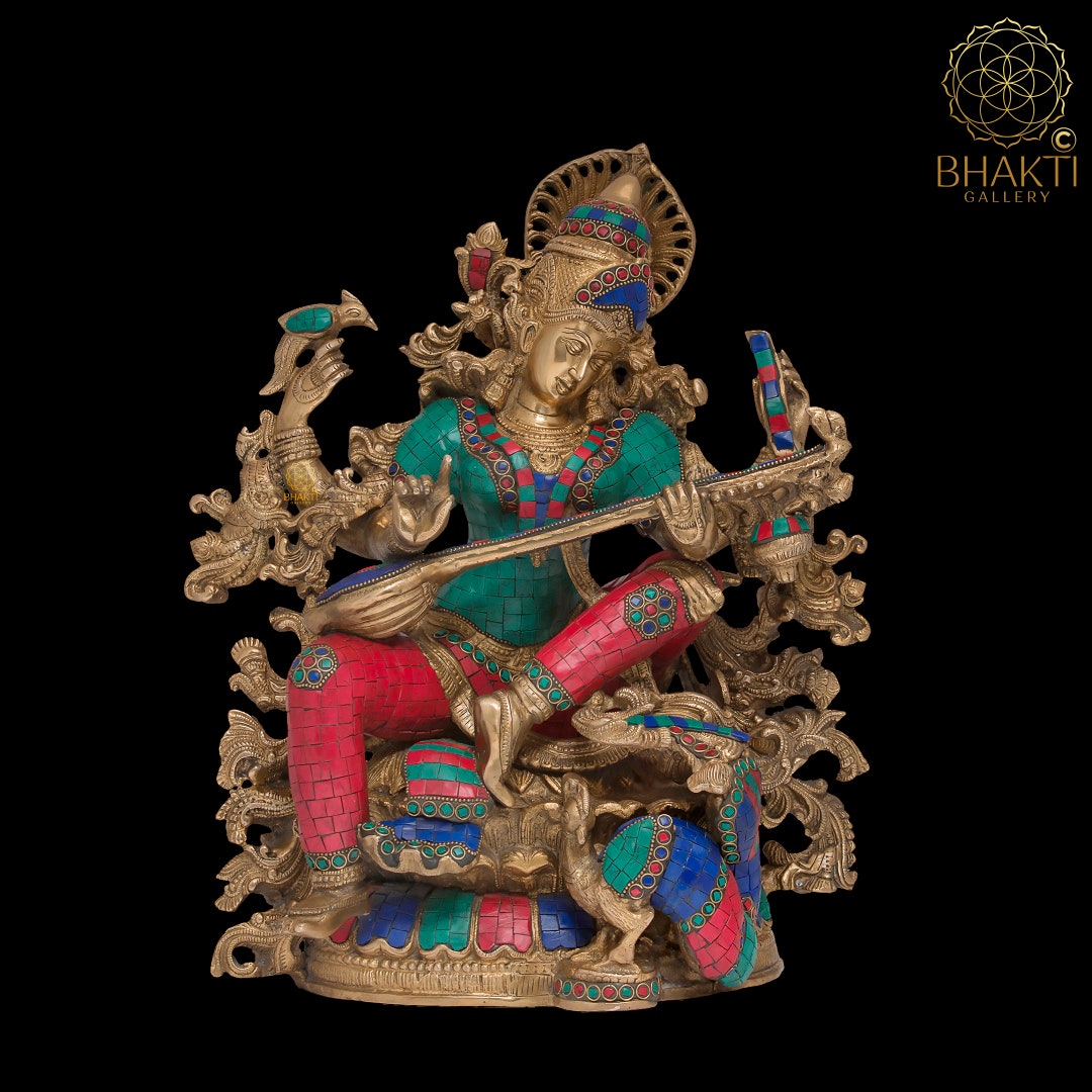 Saraswati Statue in Brass, 16 Inch Big Large Brass Saraswati Idol With ...