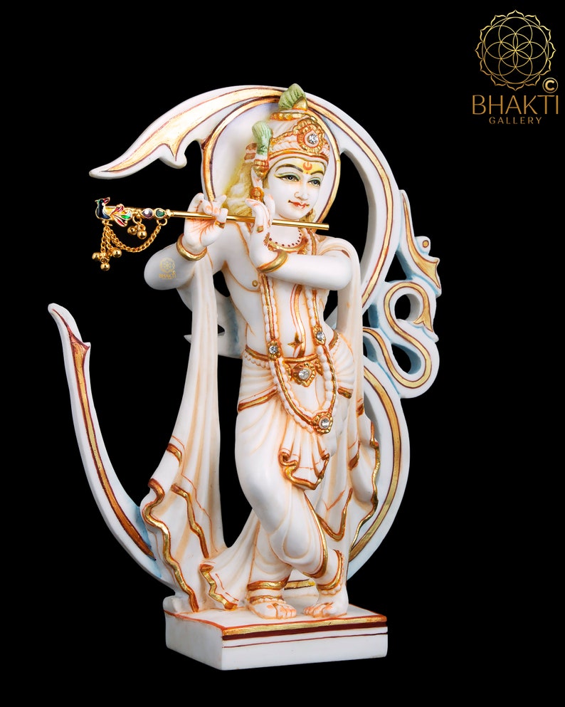 Cultured Marble Krishna Statue, 9"inch Big Hand Painted Krisna Idol ...