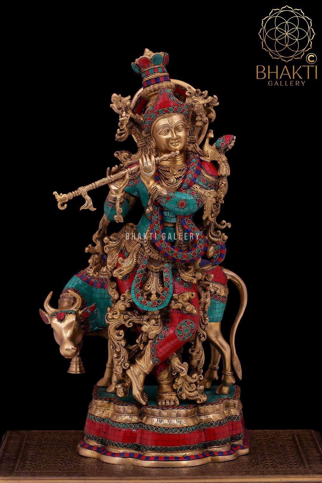 Krishna With Cow Statue in Brass, 27inch Big Large Brass Cow Krisna ...