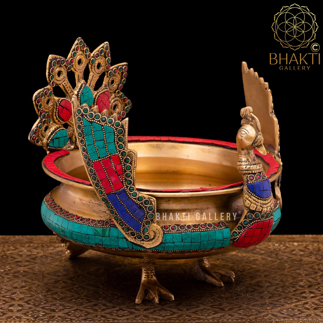 Peacock Design Urli in Brass, 10 Inch Brass Urli Bowl With Stonework ...