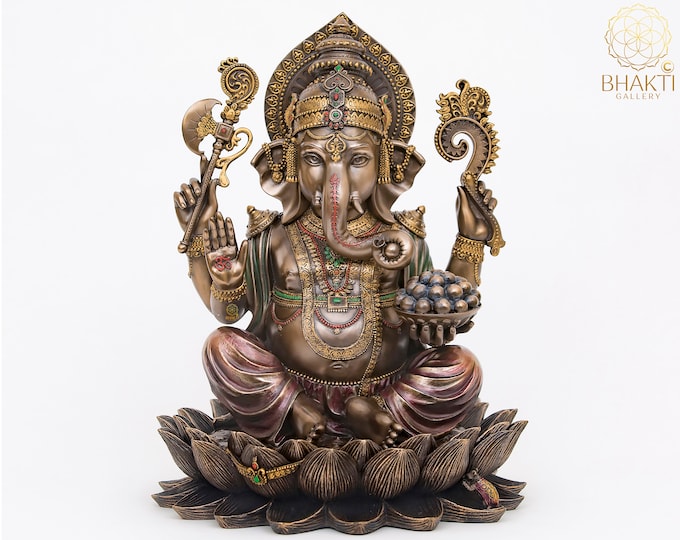 Ganesha Statue, 31 Cm Bonded Bronze Lord Ganesha Idol on Lotus ...