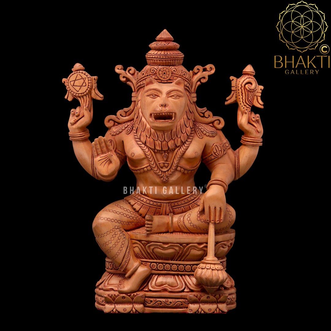 Wood Narasimha Statue, 9" Inch Big Wooden Narsingh Idol, Vishnu God for ...