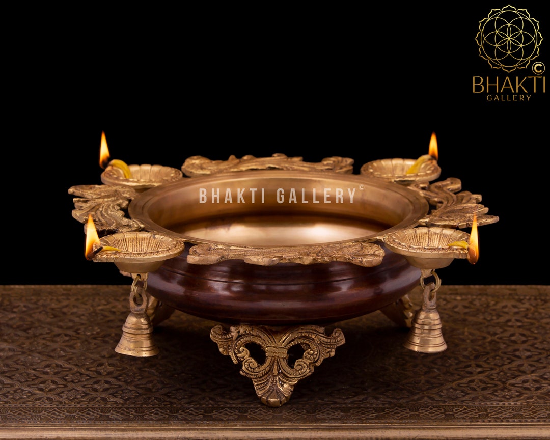 Brass Oil Diya Urli, 12" Inch Big Traditional Urli With Oil Lamps ...