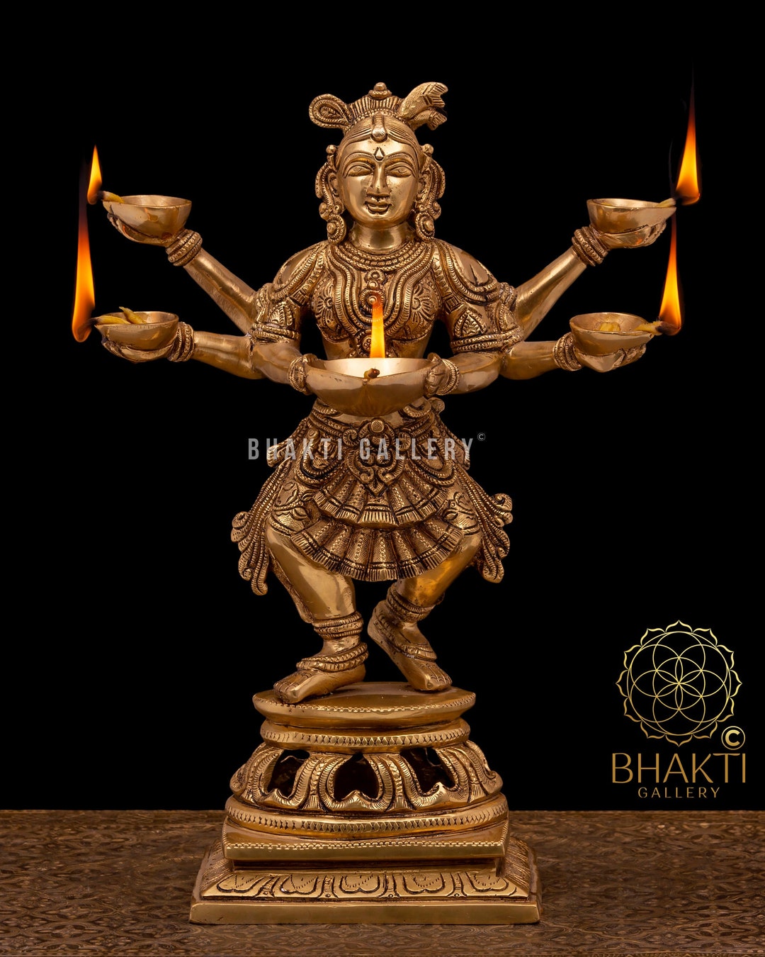 Deep Lakshmi Statue in Brass, 13.5" Inch Big Brass Oil Lamp Diya Laxmi ...