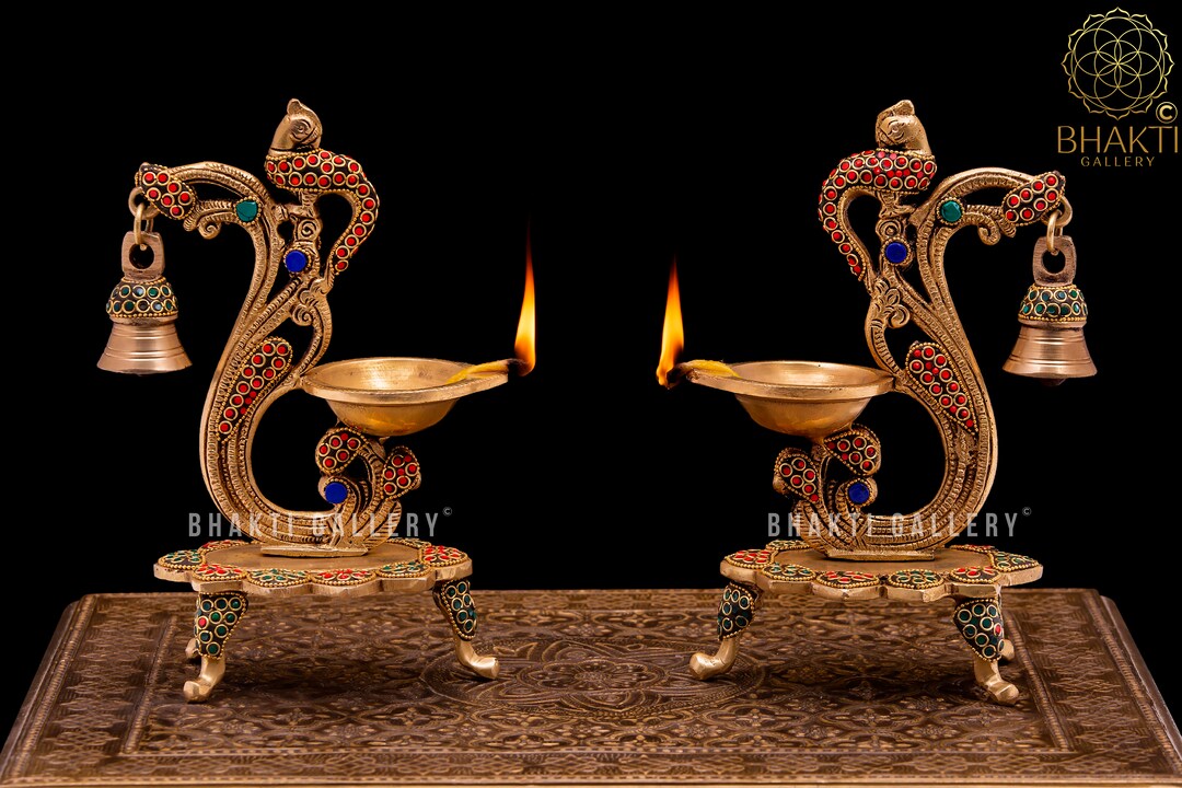 Brass Diya With Mosaic Stonework, 8 INCH Parrot Design Brass Oil Lamp ...